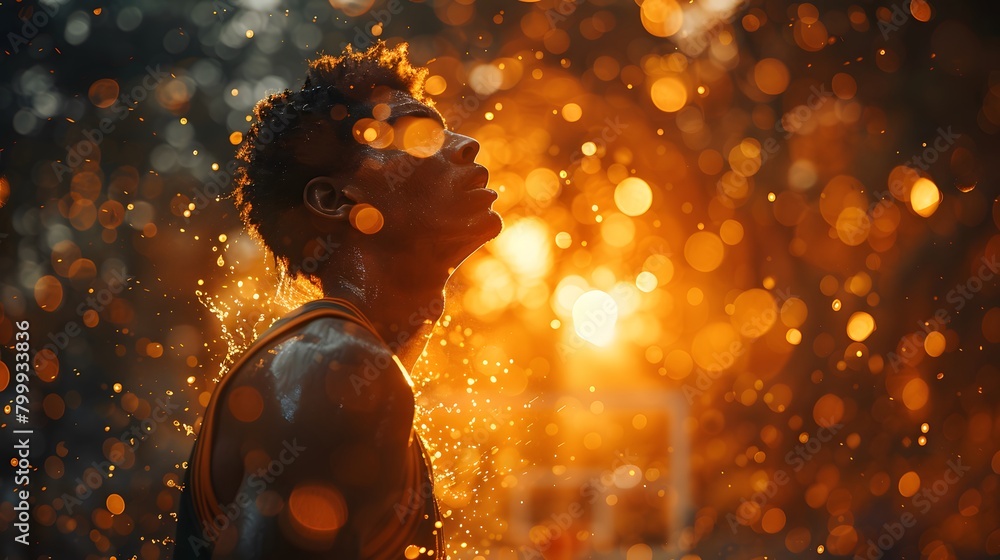 the intensity of competition as the silhouette of a basketball player ...