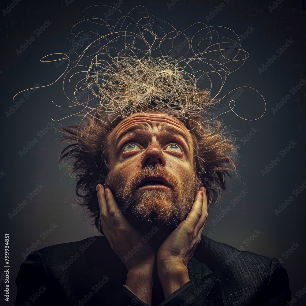 Mann with disheveled hair looking up. Concept of stress, mental health ...