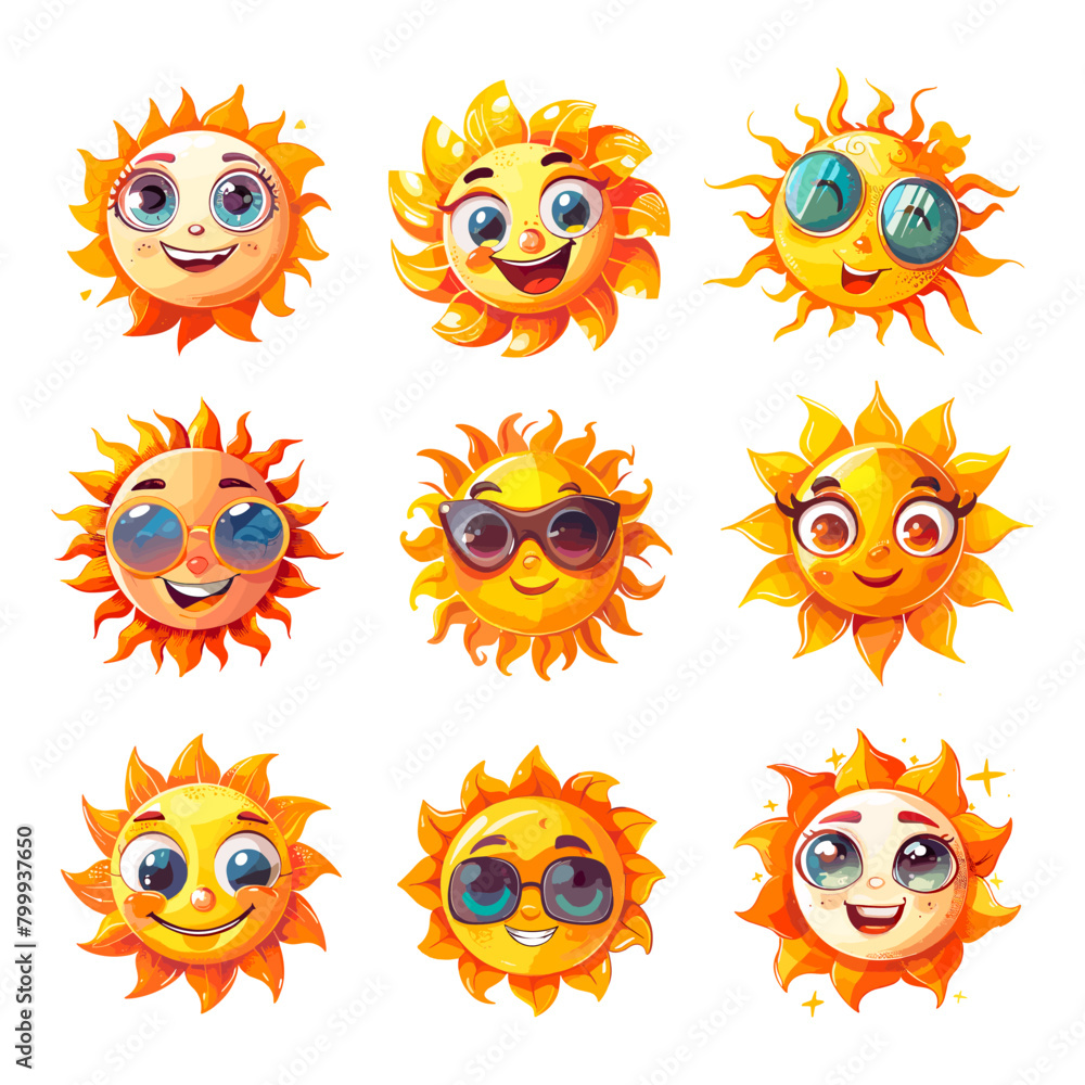 Vetor de Cartoon sun mascots. Sunny funny characters cute smile faces ...
