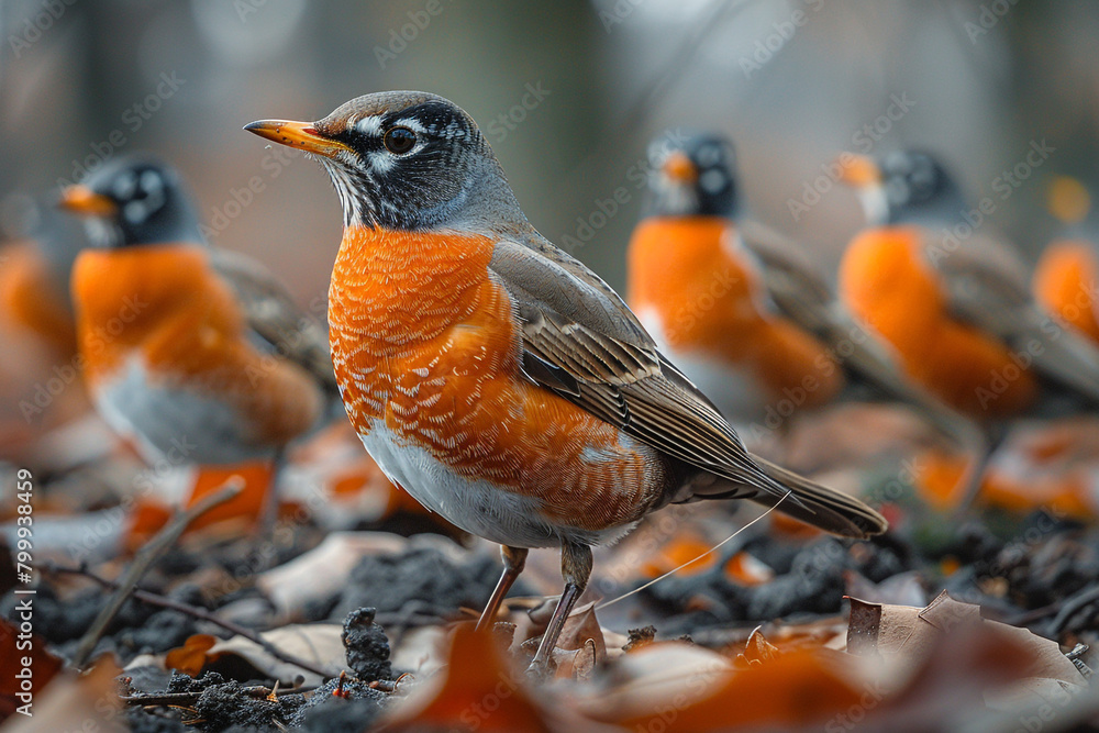 A group of robins hopping across a garden lawn, pecking at juicy worms ...