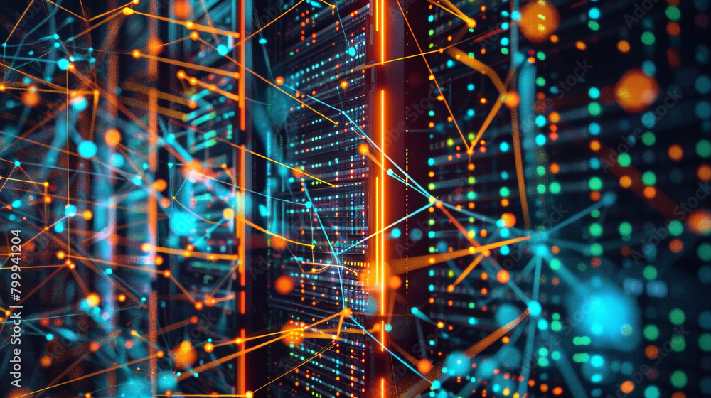 network servers and data centers representing the infrastructure and technological backbone of a ...