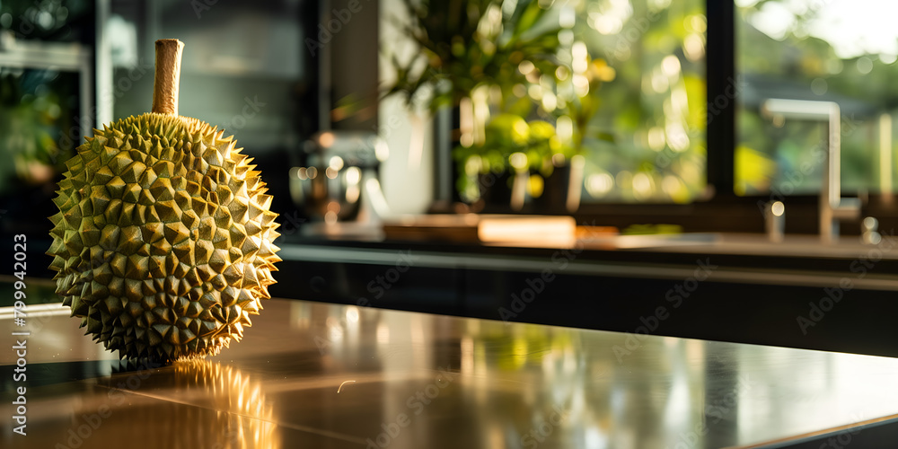 Durian on a sleek kitchen counter, suitable for interior design and ...