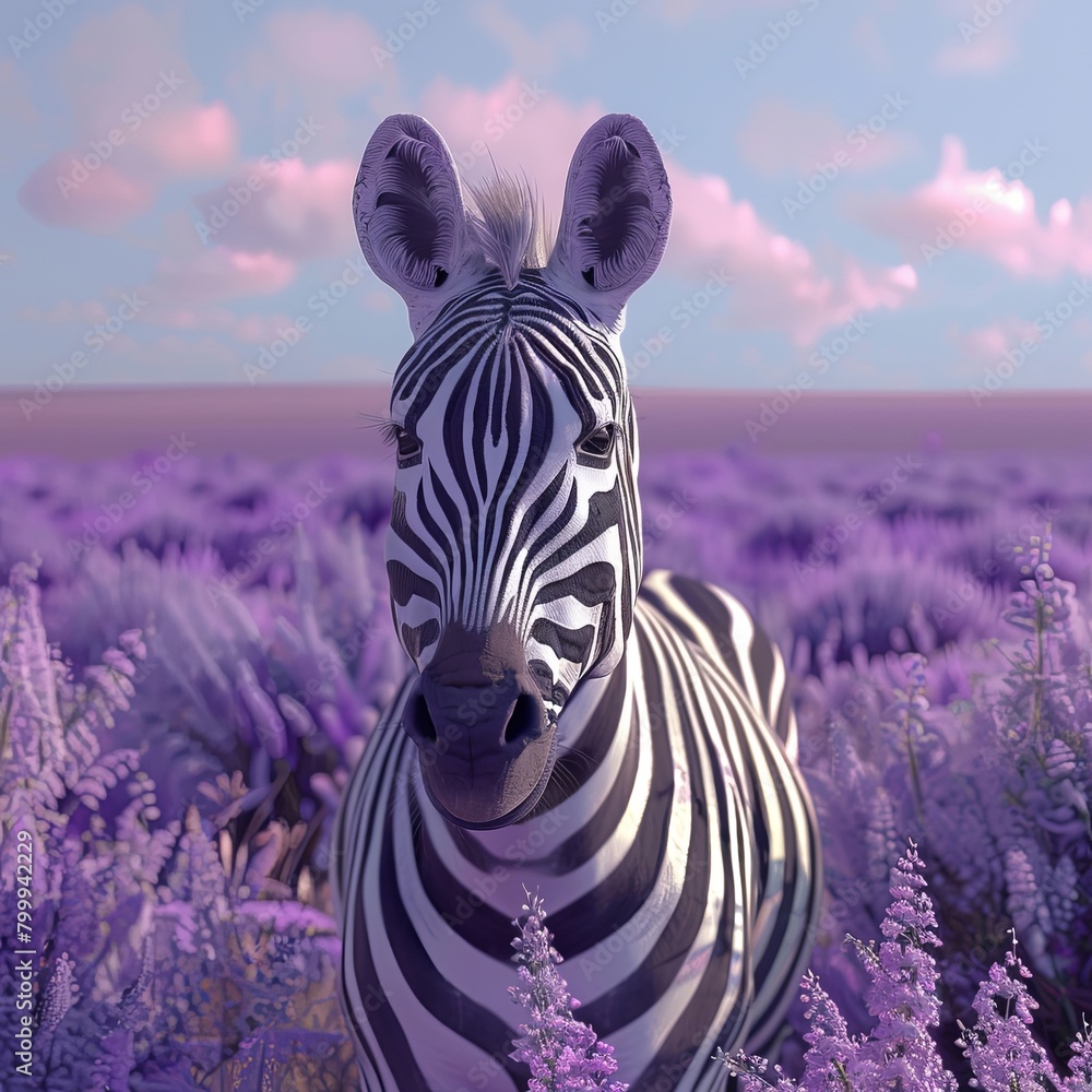 3Drendered zebra in a pastel violet grassland, suitable for wildlife ...