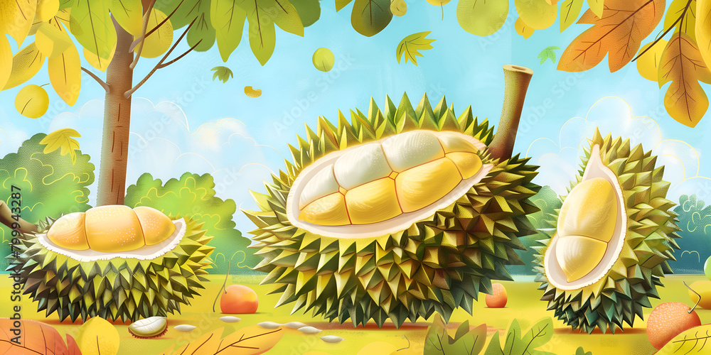 Cartoon durian landscape with trees and clouds, perfect for children's ...