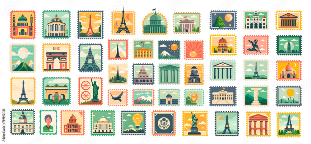 Travel stamps cartoon icons, postage stamp with attractions for mail ...