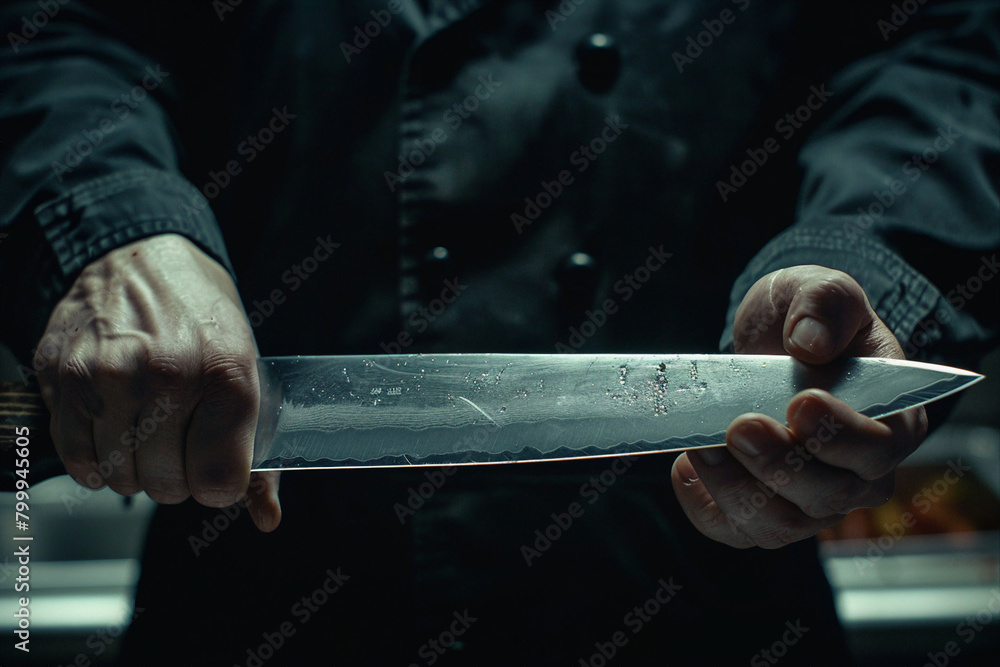 Close up picture of hands hold sharp knife created with generative ai ...