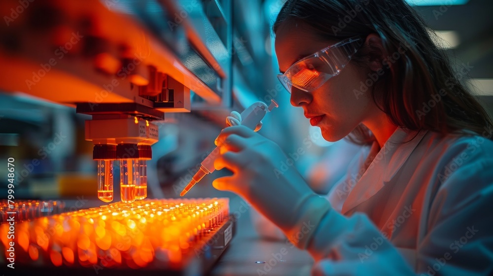 A laboratory technician using a microplate reader to quantify enzyme ...