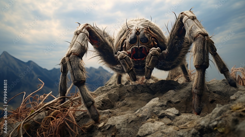 A giant spider is standing on a rock in the mountains. The spider is ...