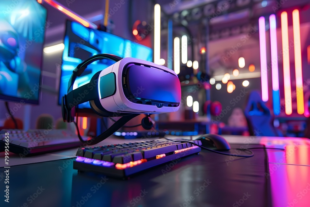 Tech setup with headset and keyboard enhances virtual reality gaming ...