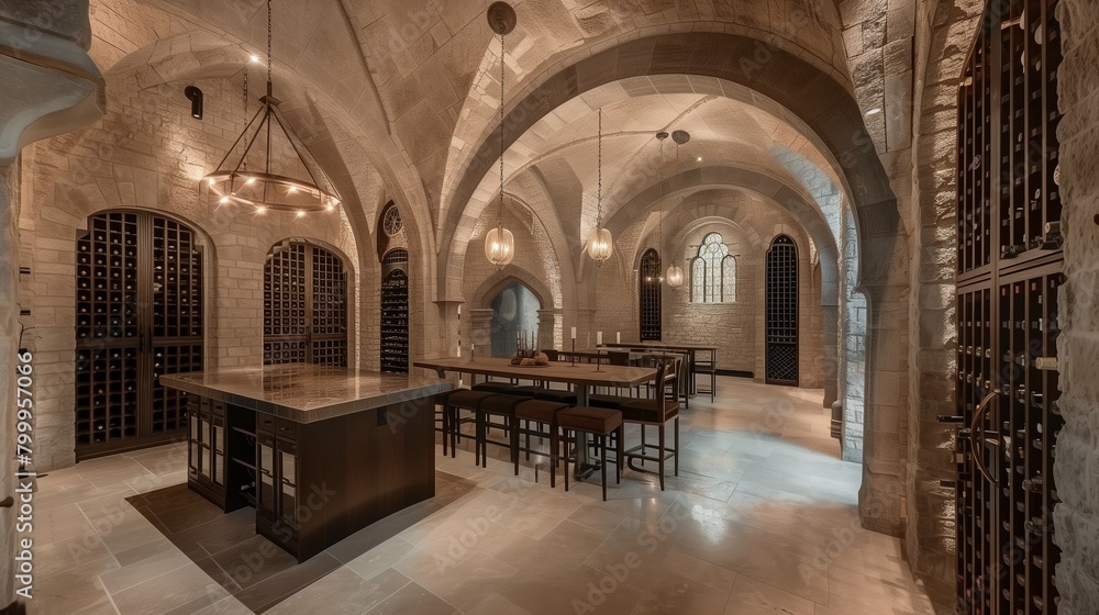 Gothic cathedral-inspired wine cellar with stone arches, vaulted ...