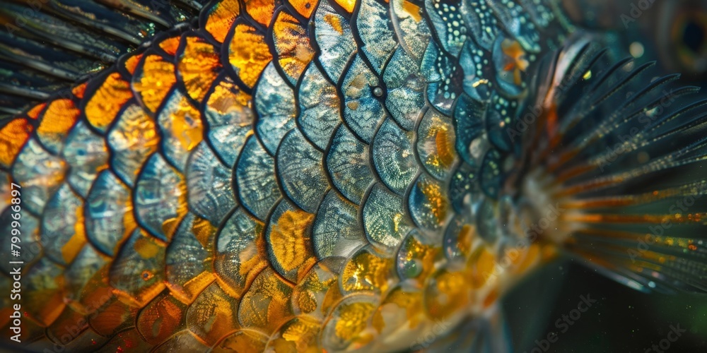 Zoomed-in view of a fish's fin, high-magnification with intricate ...