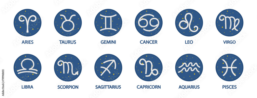 Set of horoscope icons, zodiac signs with starry sky. Collection of ...