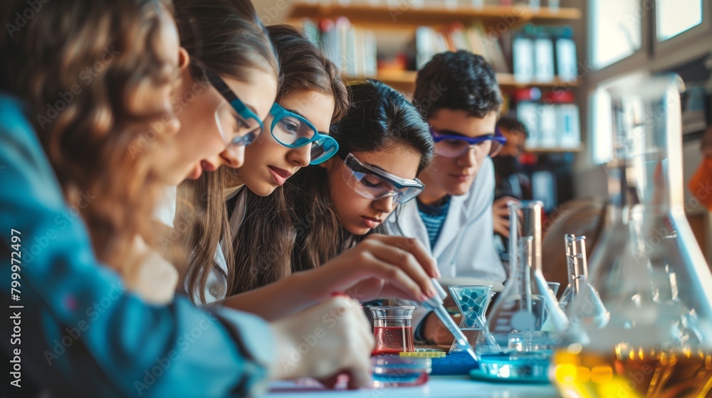 Focused students conducting experiments in a high school chemistry lab ...