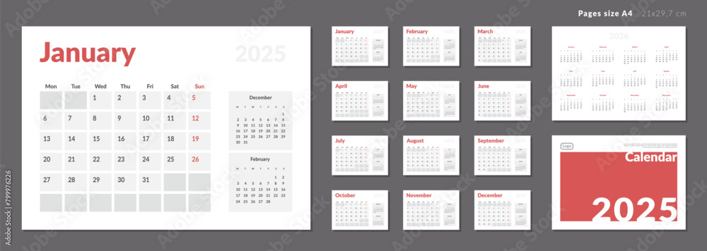Set of 2025-2026 Calendar Planner Template with Place for Photo and ...