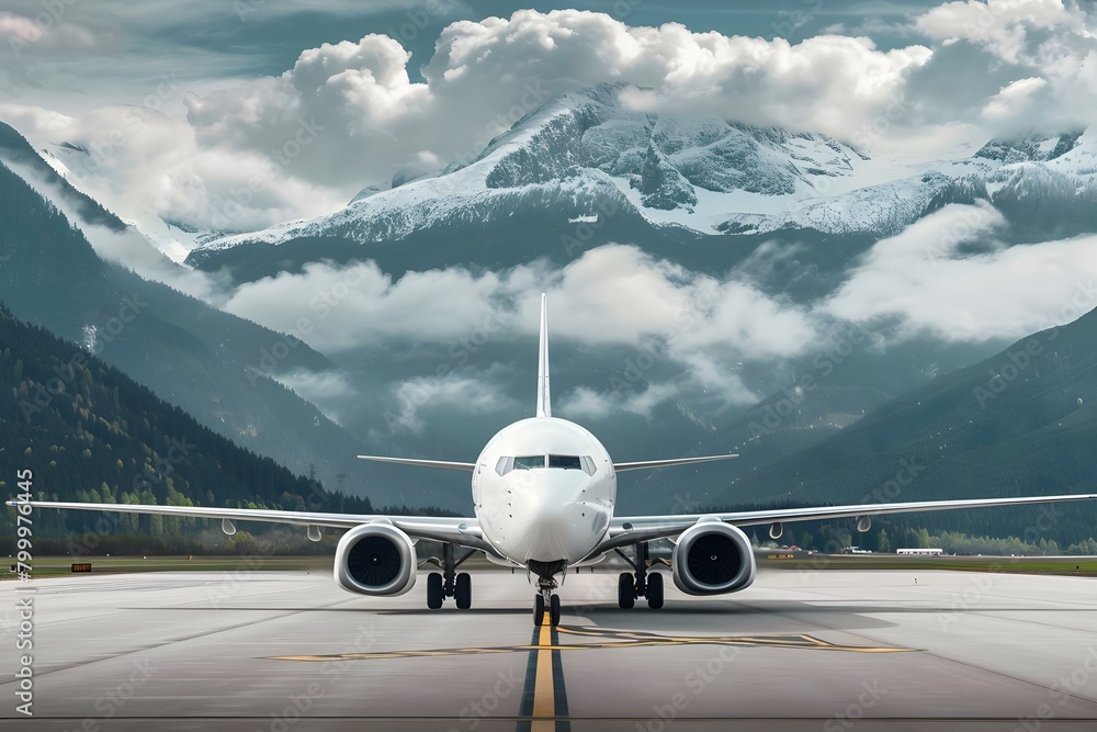 Innovative Aerospace: Modern White Airplane on Runway with Mountains ...