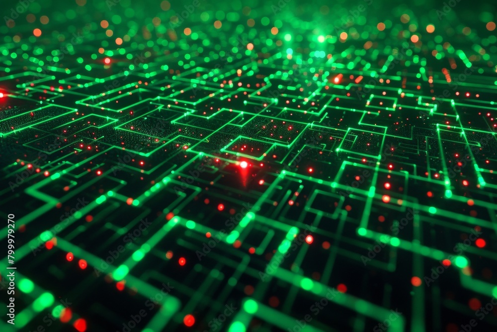 A digital maze teeming with glowing green code, a single red virus particle navigating through ...