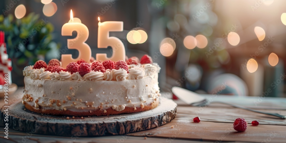 Celebratory cake with number 35 candles, adorned with fresh raspberries ...