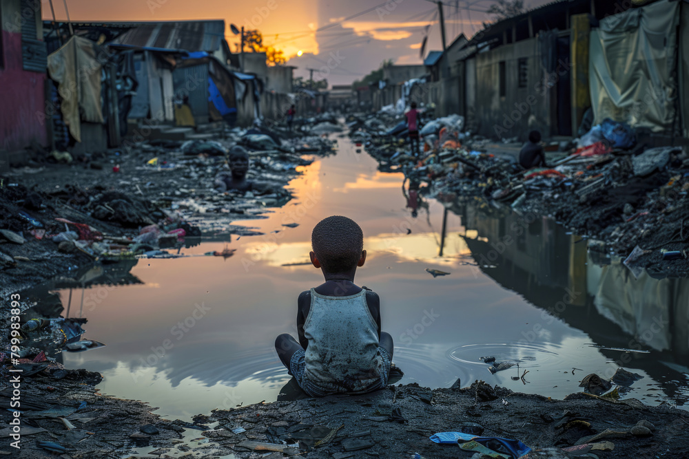 A young black child sits beside a vast puddle amidst slums, surrounded ...