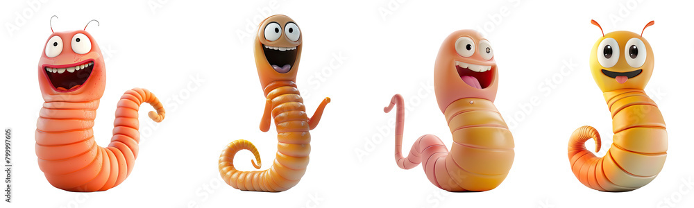 Set of 3D cute happy cartoon worm, isolated on white background, png ...