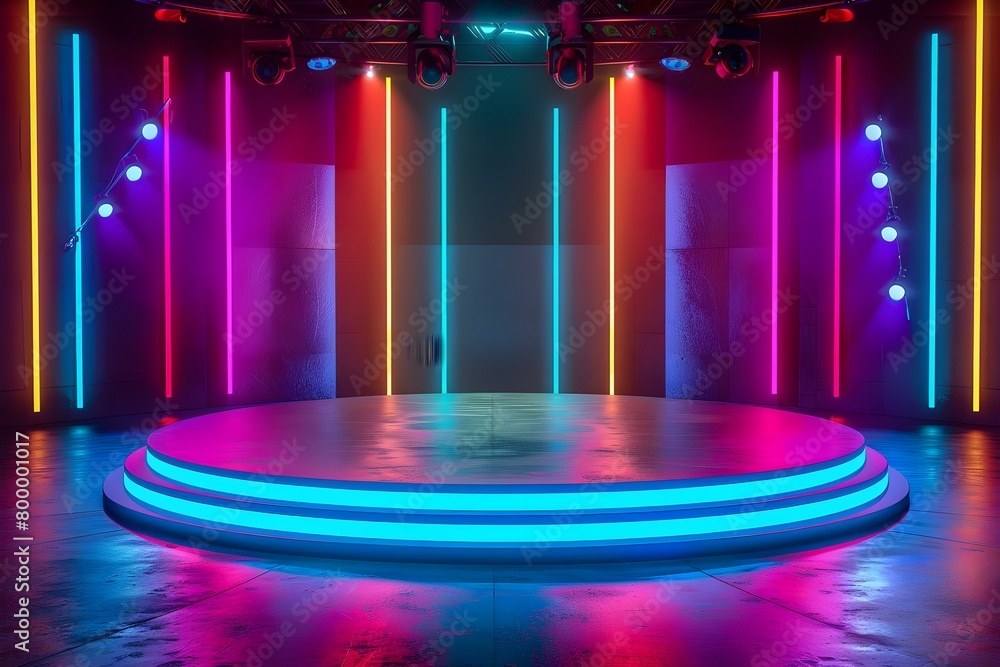 Colorful neon lights illuminate a modern game show stage with no ...