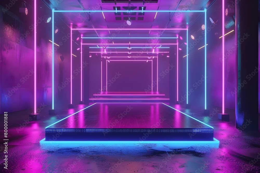 Neon lights on square stage with glowing dots and lines empty room ...