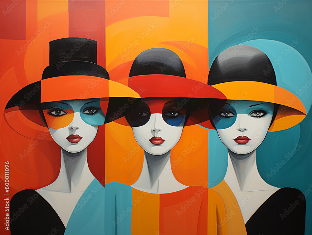 Dames in pillbox hats, reflective eyes, color field city, deep ...