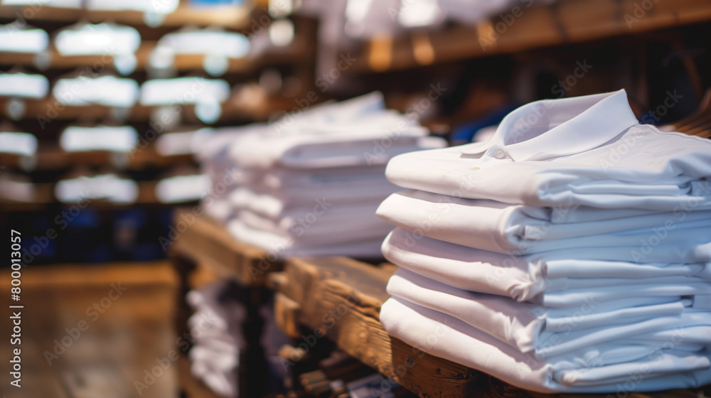 Stack of a lot of folded clothes background. Polo shirts in white color ...