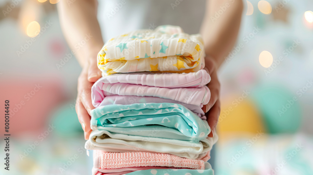 Close-up of two hands is holding stack of clothes on a plain background ...