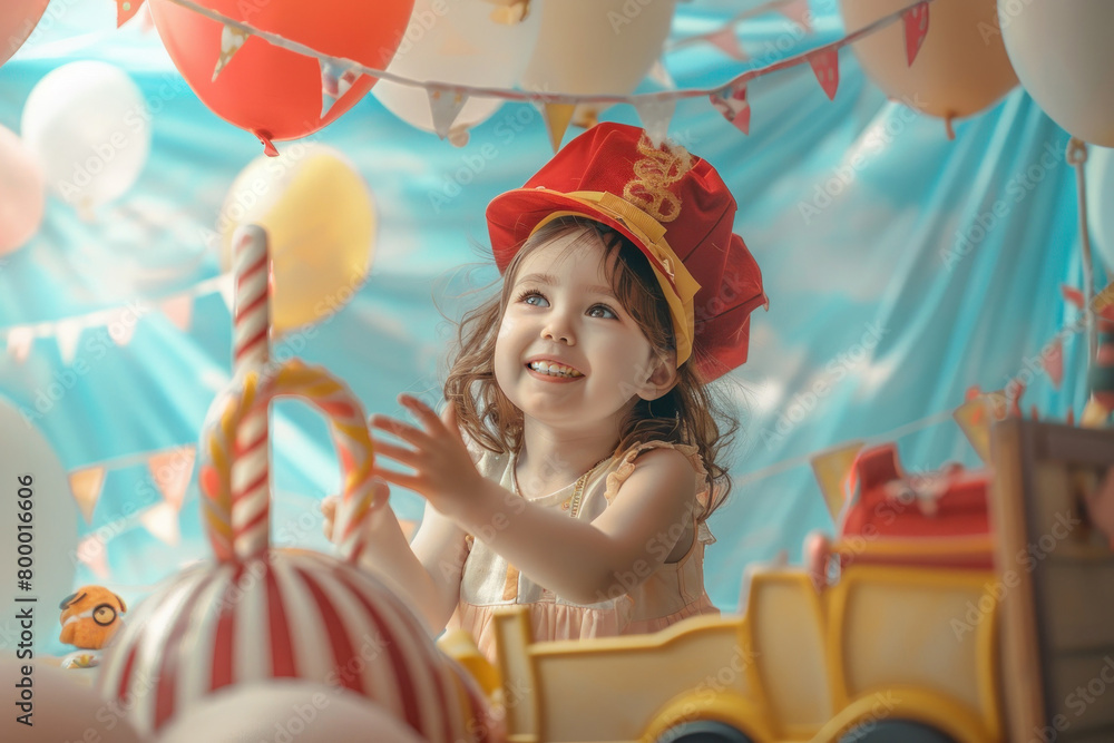 Little girl dressed as a ringmaster at a carnival, surrounded by ...