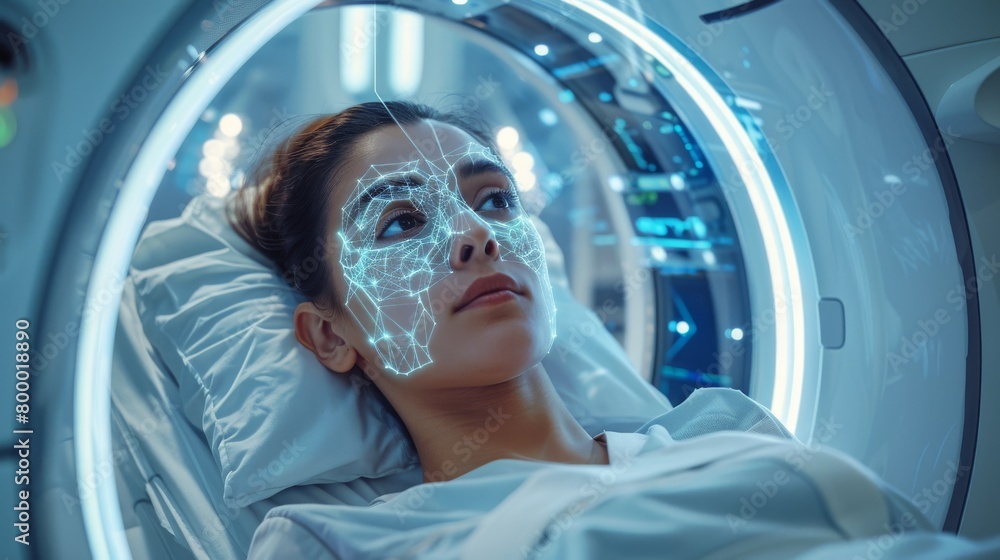 A female patient is lying in bed and her face and brain are being ...