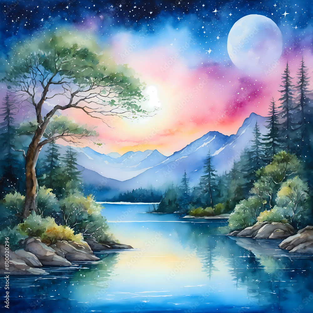 The night sky with the moon and the beautiful lake with dense trees ...