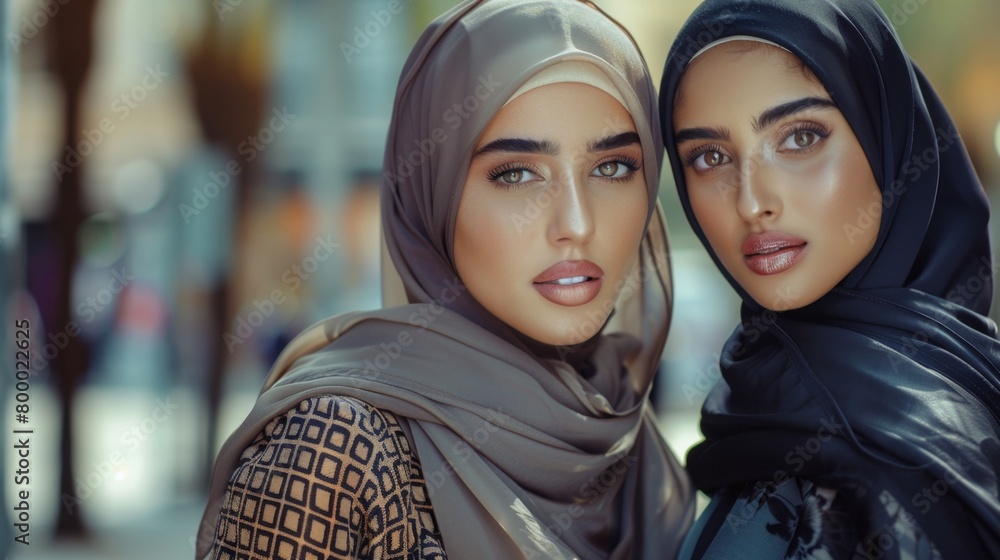 Two women with hijabs one in a light brown and the other in a dark ...