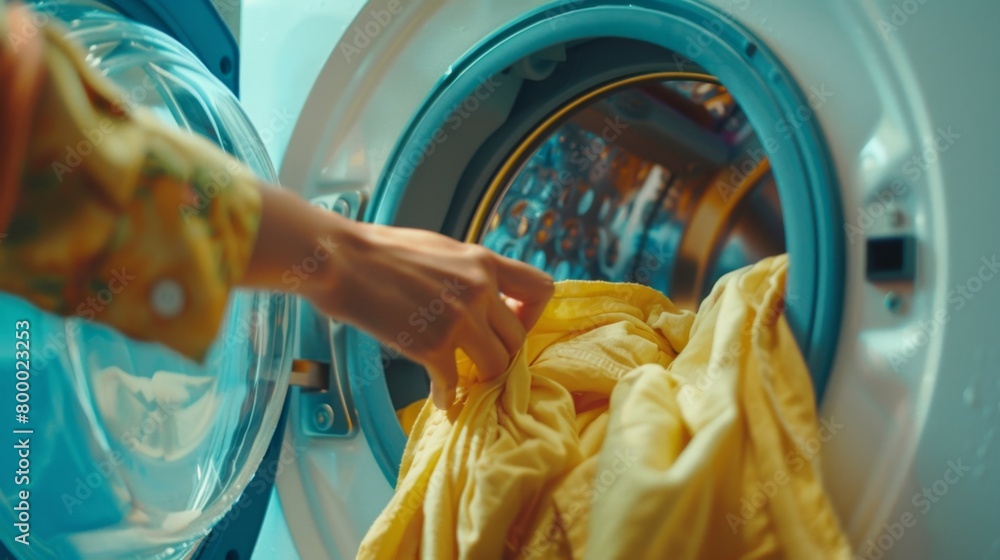 Hand reaching into a washing machine to remove a yellow garment. Stock ...