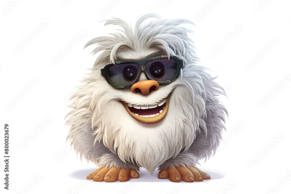 Cartoon smiling yeti or bigfoot hairy character wearing sunglasses on ...
