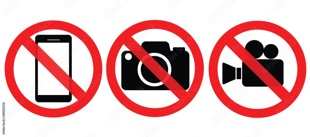 No Photographing prohibition sign symbol icon. Video, photo, phone ...