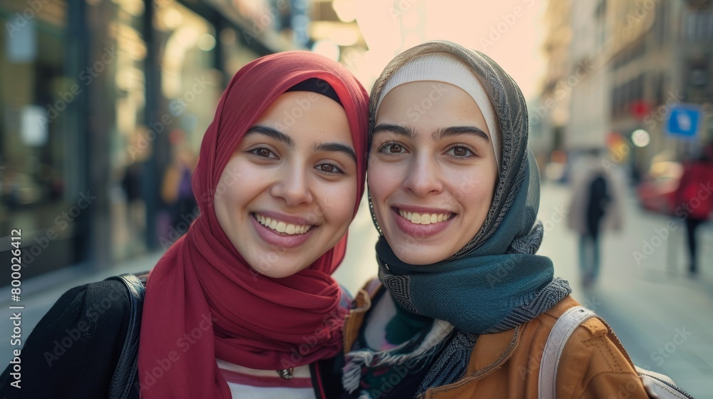 Two smiling young women wearing hijabs posing together on a city street ...