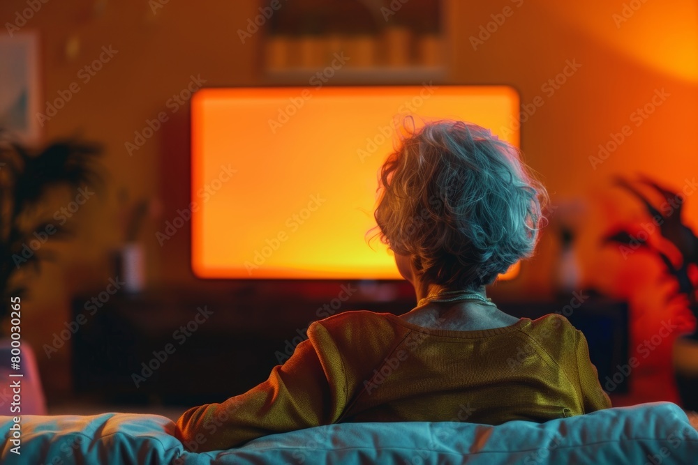 App display woman in her 50s in front of an smart-tv with a fully ...