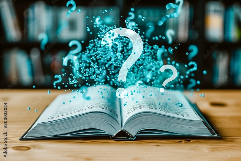 An open book with questioning marks floating up, room for your musings on doubt Stock ...