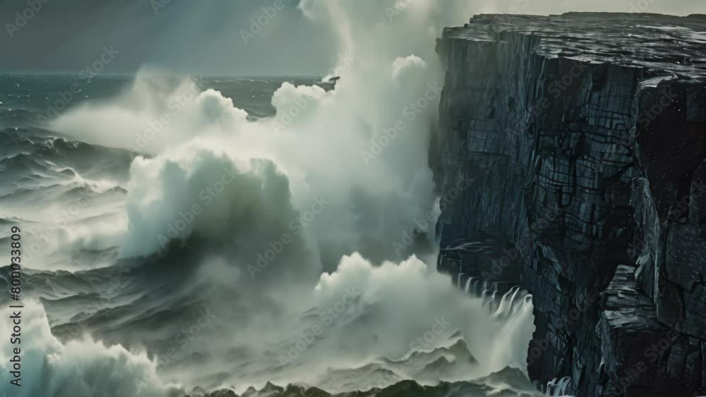 A massive wave forcefully collides with a rugged cliff, creating a ...