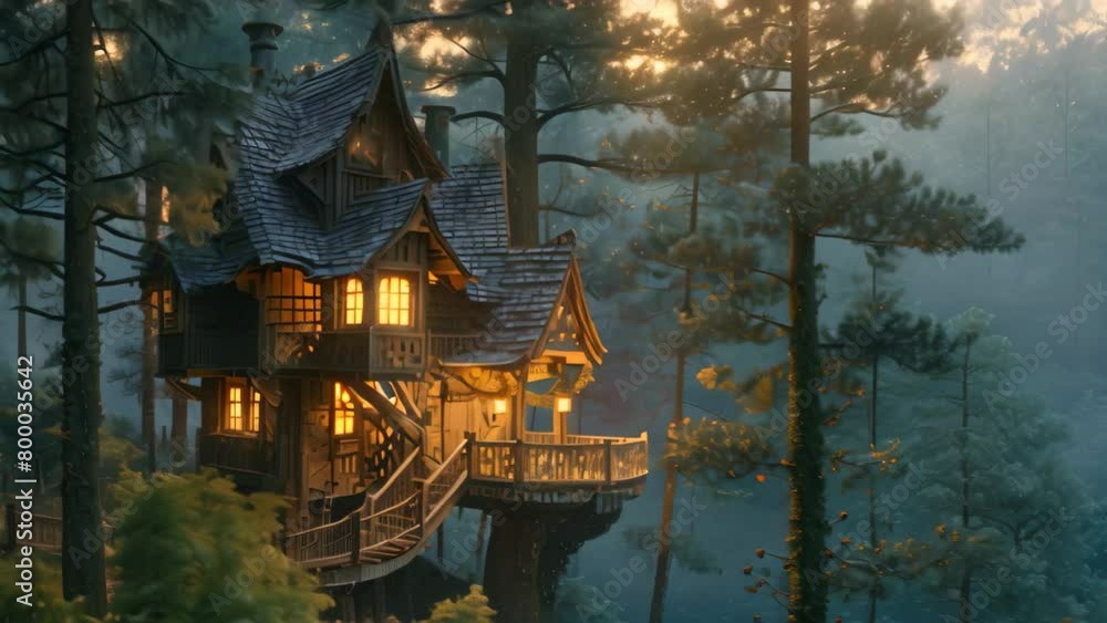 This captivating photo showcases a charming tree house nestled amidst ...