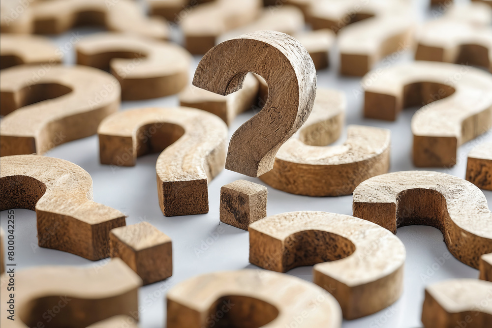 A bunch of wooden question marks are scattered across a white ...