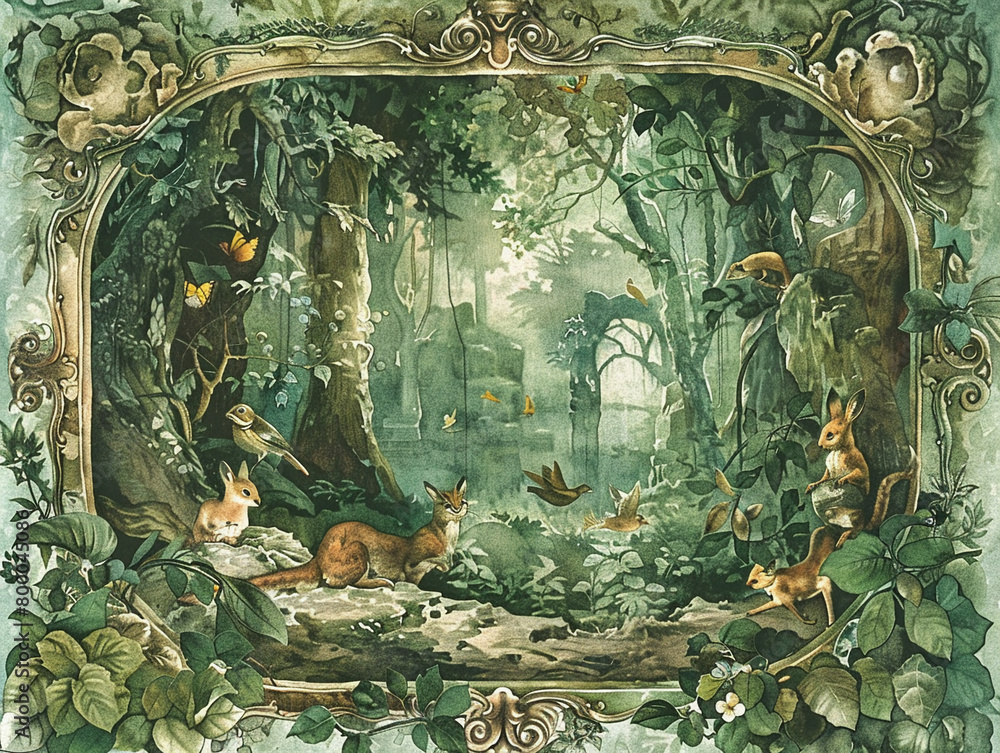 Watercolor illustration of a serene natural setting with animals in ...