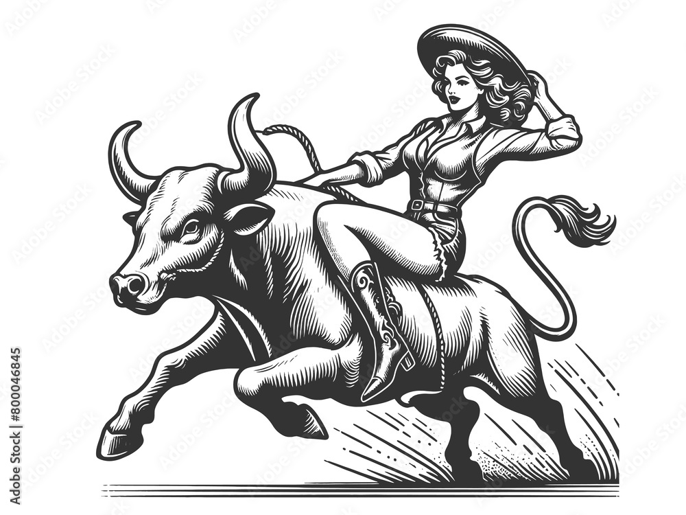 Pin-up woman bull cowgirl in full rodeo action, riding bull with a ...