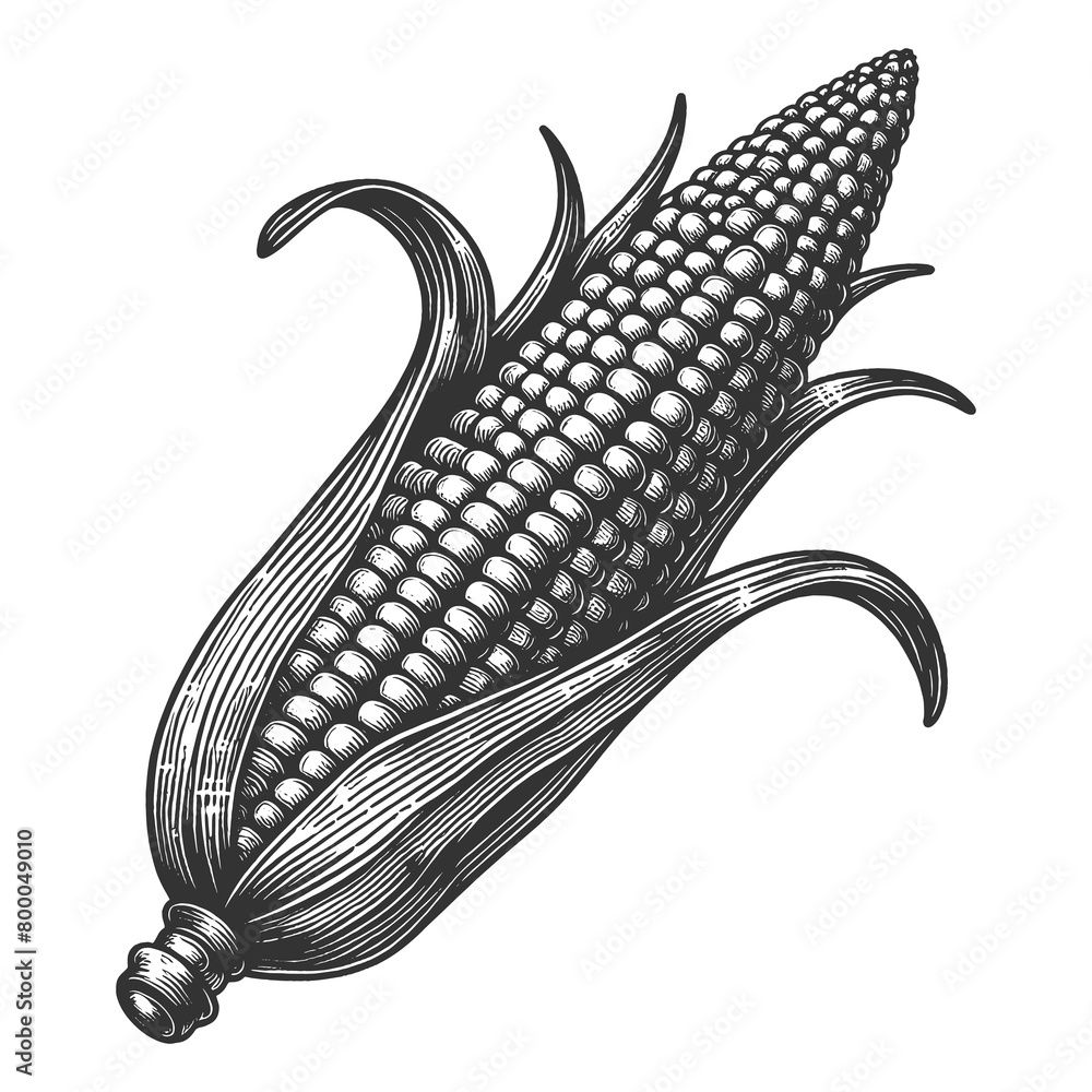corn cob with pop corn husk and kernel texture sketch engraving ...