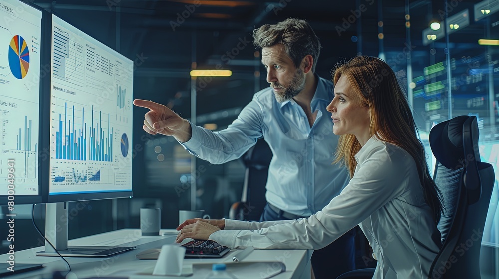 Two white coworkers man and woman data analysts working together in office looking at data chart ...