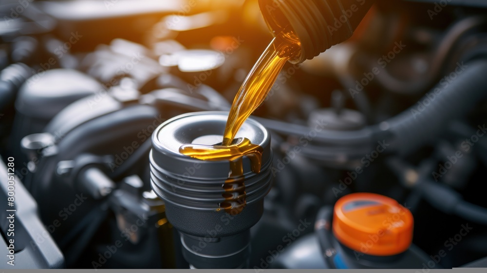 Oiling an engine with oil, shown in closeup as yellow light liquid is ...