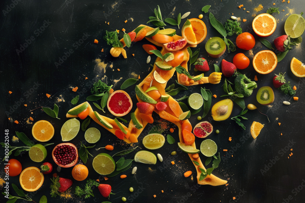 Illustration of a running man made up of pieces of fruits and ...