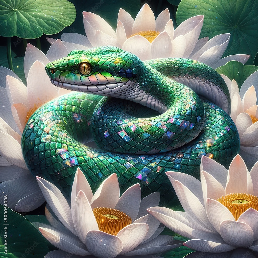 Emerald sparkling snake with golden eyes lies in white lotuses ...