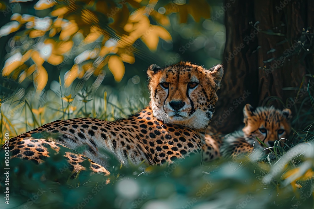 a mother cheetah and her cubs resting in the shade, their sleek bodies ...