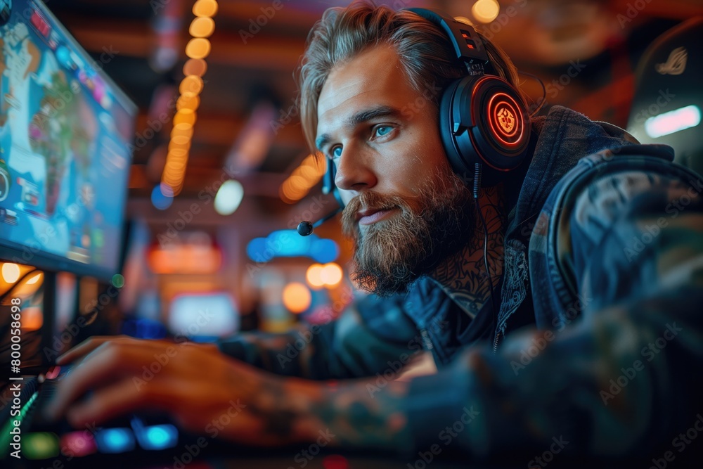 An angry commentator sits at a computer and writes anger, comments in ...